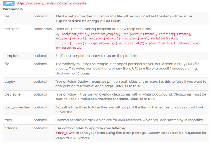 How to send a letter through API